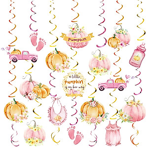 60 Pcs Little Pumpkin Hanging Swirls Autumn Thanksgiving Baby Shower Party Decoration a Little Pumpkin Is on Her Way Hanging Decor Pink Floral Pumpkin Ceiling Swirl for Fall Baby Shower Girl Birthday