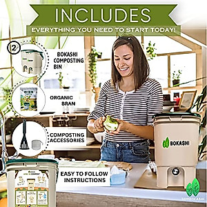 Bokashi Compost Starter Kit - Includes 2.2lb's Organic Bran, 2 Airtight Bins, Masher, Strainer, Cup for Compost Tea, and Detailed Composting Instructions. Attractive Kitchen Compost Bin.