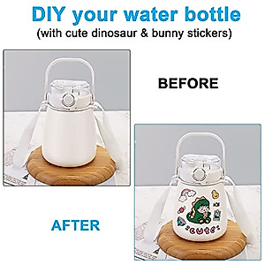 VAlinks Big Belly Stainless Steel Water Bottle with Shoulder Strap, Handle & Cute Stickers, 32oz/900ml Cute Insulated Water Bottle with Straw, Leak Proof Flip-Top Lid Vacuum Bottle, White