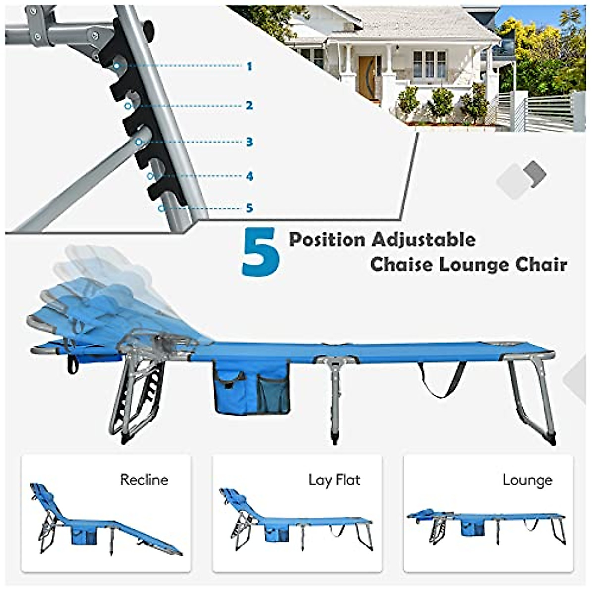 Goplus Tanning Chair, Folding Beach Lounge Chair with Face &Arm Hole, 5-Position Adjustable,Removable Pillow,Side Pocket, Sunbathing Chair, Portable Outdoor Lounge Chair for Patio Pool Lawn (1, Navy)