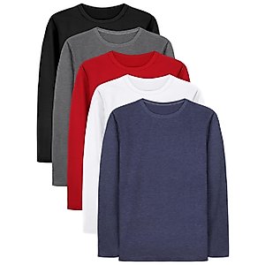 Cooraby 5 Pack Boys' Long Sleeve Crewneck Kids Soft T-Shirts Top