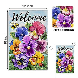 Covido Welcome Spring Summer Pansy Flower Decorative Garden Flag, Floral Yard Outside Decorations, Summer Farmhouse Outdoor Small Home Decor Double Sided 12 x 18