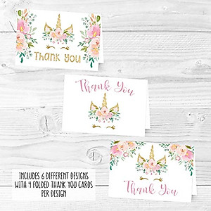 24 Unicorn Baby Shower Thank You Cards With Envelopes, Kids Thank-You Note, 4x6 Gratitude Card Gift For Guest Pack For Party, Birthday, For Girl Children, Cute Magical Pink Floral Event Stationery