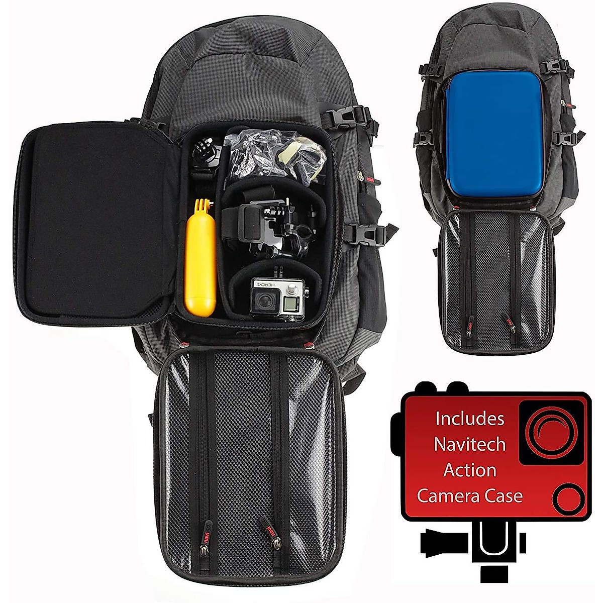 Navitech Action Camera Backpack & Blue Storage Case with Integrated Chest Strap - Compatible with DragonTouch Vision 3 Pro Action Camera