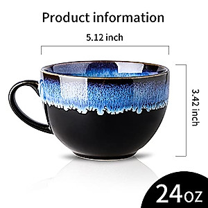 KOOV Ceramic Soup Mug, Soup Bowls with Handles Microwave Safe, 24 Ounce Jumbo Mug and Cereal Mugs Set of 4, Reactive Glaze (Nebula Blue)