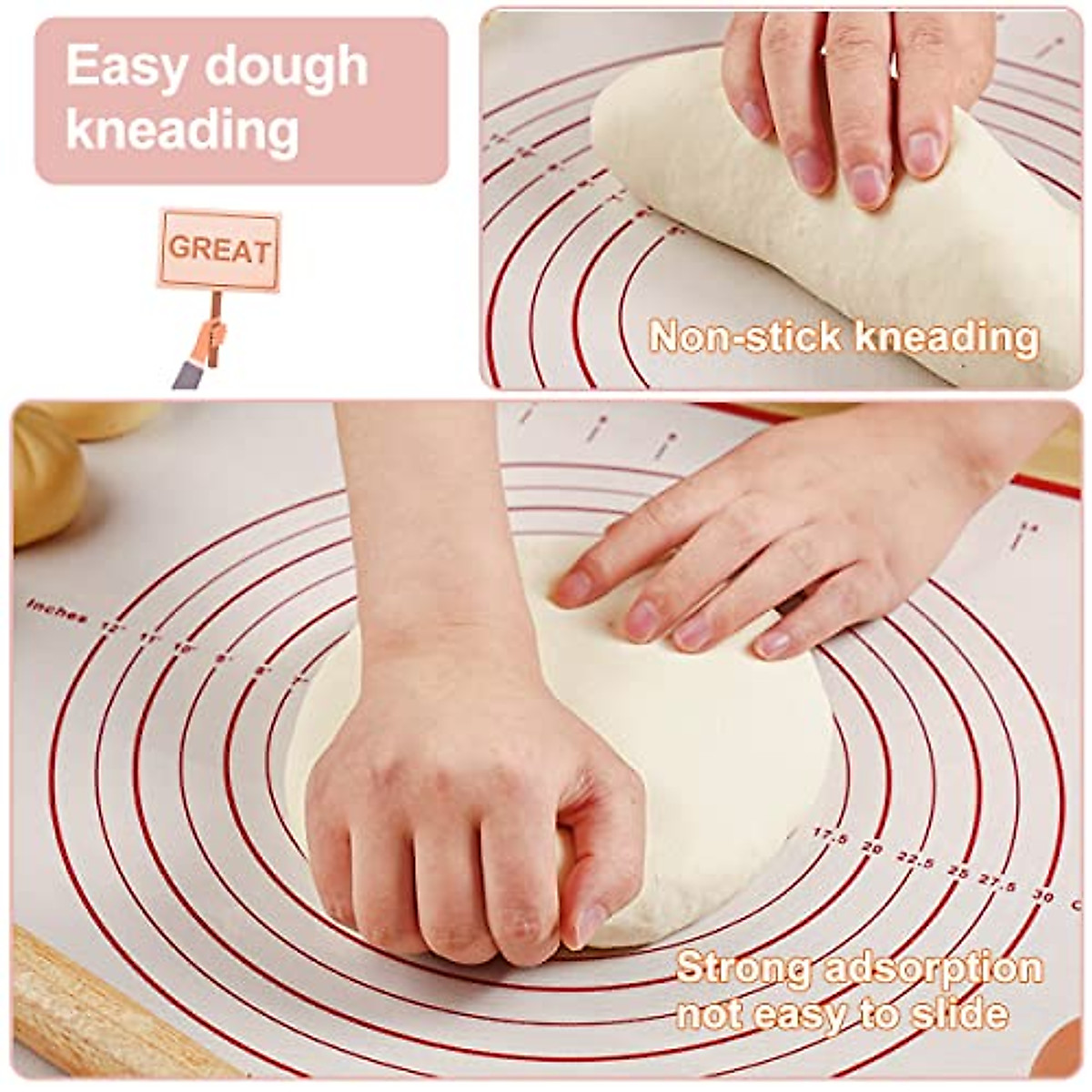 TANGN Pastry Mat Large Silicone Baking for Rolling Out Dough, Fondant Dough Kneading Cutting Non Stick Slip, Pie Bread Cookie BPA Free with Measurements, Red (20 x 28 inch) (BM-001)