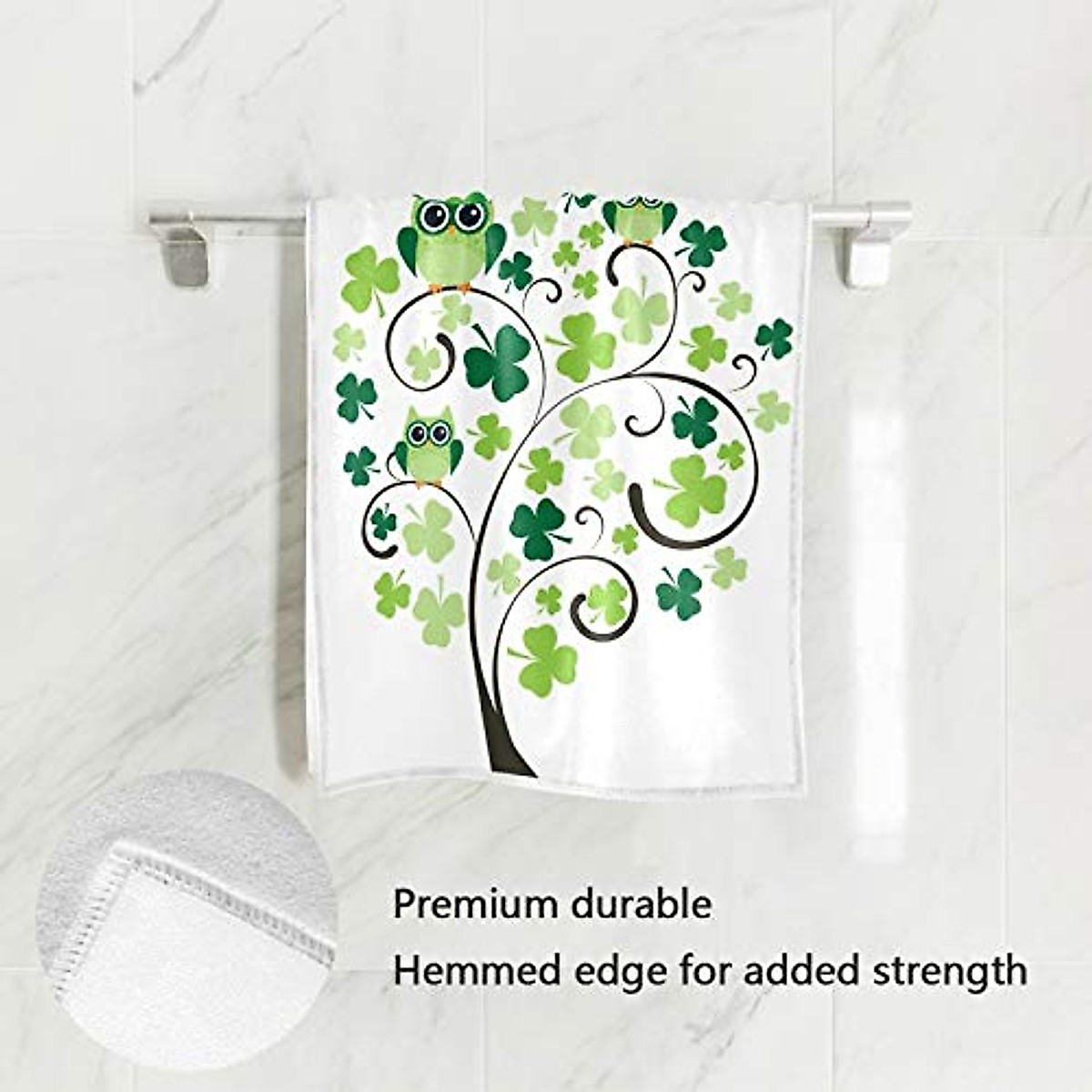St.Patrick's Shamrock Tree Soft Hand Towels 30x15,Decorative Spring Green Owls Clover Fingertip Kitchen Dish Towels Washcloth for Bathroom, Hotel,Gym and Spa