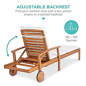 Best Choice Products 79x26in Acacia Wood Chaise Lounge Chair Recliner, Outdoor Furniture for Patio, Poolside w/Slide-Out Side Table, Foam-Padded Cushion, Adjustable Backrest, Wheels - Cream