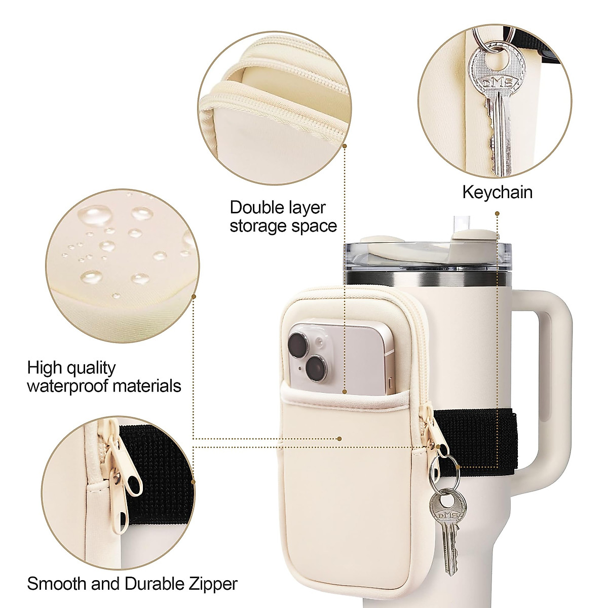 Water Bottle Pouch for Stanley - 40oz Stanley Cup Accessories, Stanley Cup Fanny Pack, Workout Outdoor Tumbler Pocket for Phone, Card, Keys, Compatible with Stanley Quencher Adventure 40oz,30oz(Cream)