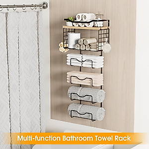 Towel Racks for Bathroom,Towel Rack Wall Mounted, 6 Tier Rolled Or Folded Towel Holder with Floating Shelves, Bathroom Towel Holder for Bath, Hand Towels,Metal,Walnut Wood Panel