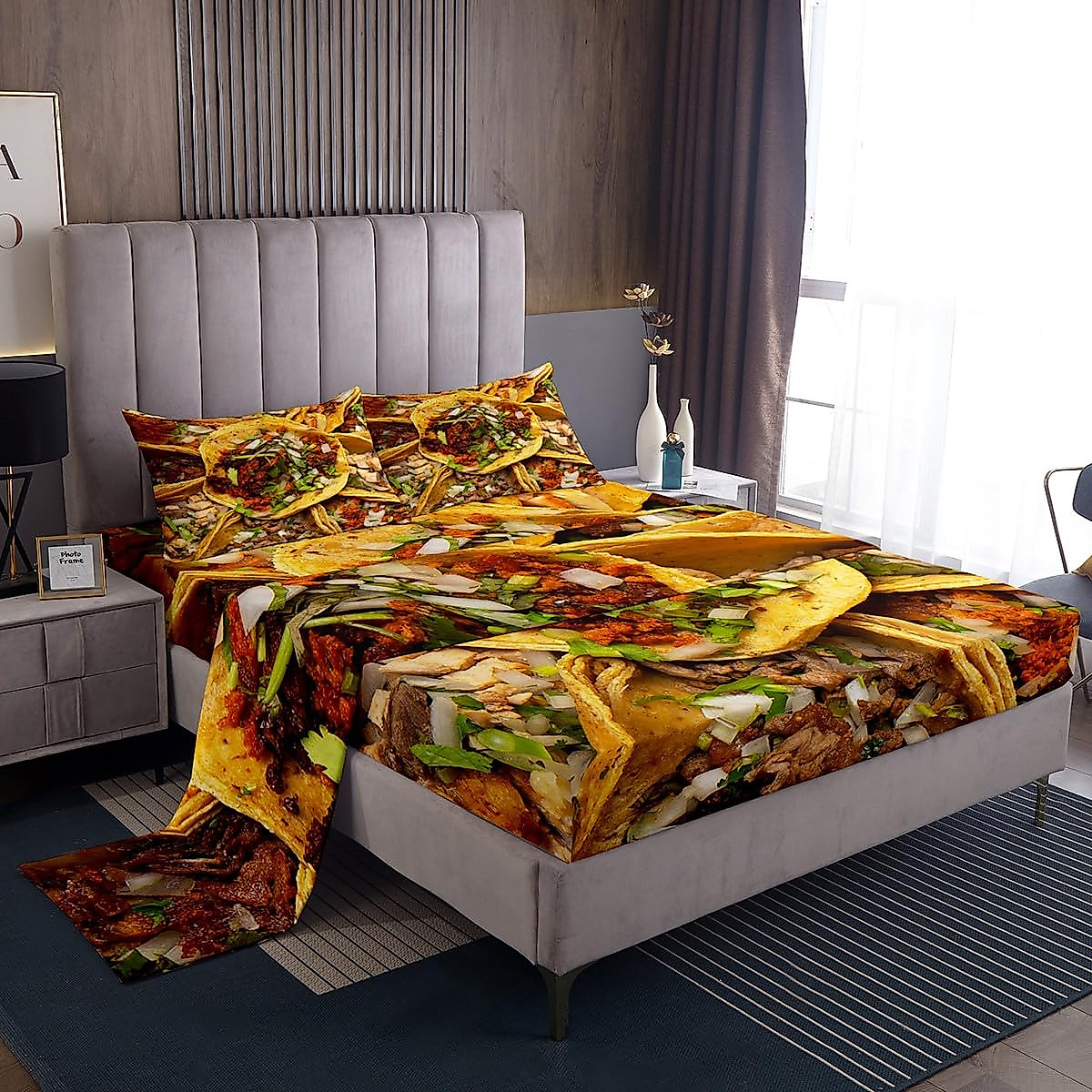 Taco Bed Sheets Set Full Size, Taco Food Sheet Set Realistic Food Sheets with Deep Pocket Fitted Sheet for Kids Boys Girls 3D Food Themed Bedding Set with 2 Pillow Case