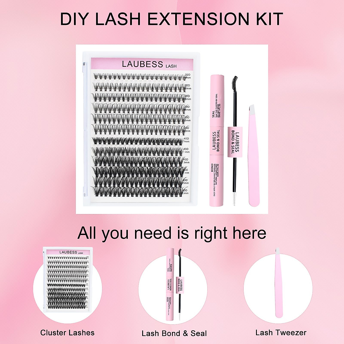 Lash Extension Kit 20D+40D Lash Clusters Kit Lash Bond and Seal Waterproof Individual Lashes Kit DIY Lash Extension Kit Lash Tweezers Eyelash Extension Kit (Set 20D+40D-0.07D-9-16Mix)