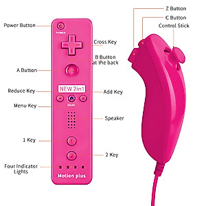 QUMOX Controller for Ntdo Wii, Built in Motion Plus Remote and Nunchuck Controller Compatible with Wii and Wii U + Silicon Case Pink