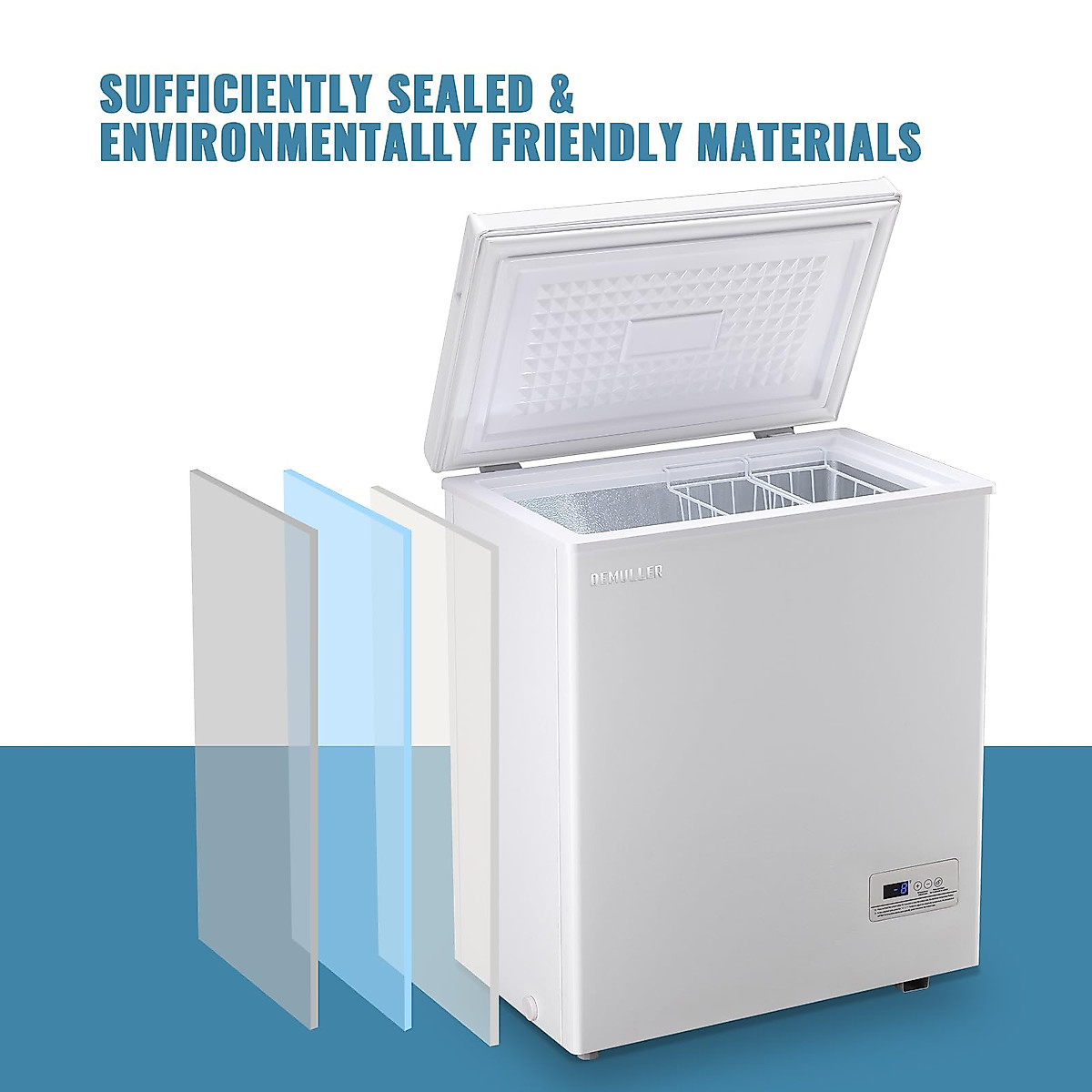 DEMULLER Chest Freezer with Electronic Control 41℉ to -15 ℉Deep Freezer 4.0Cubic Feet Freestanding Small Freezers with 2Removable Stainless Steel Basket Mini Freezer Top Open Door Compact Freezer