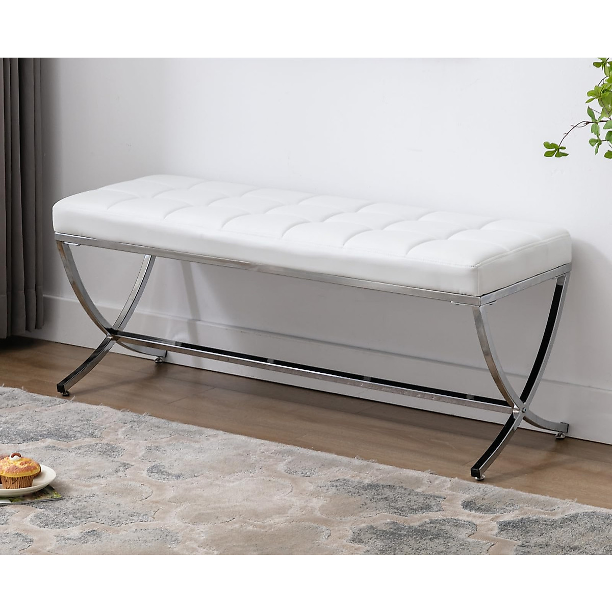 Shunzhi Modern Entryway Bench Modern Faux Leather Dining Bench Upholstered End of Bed Bench Button Tufted Ottoman Stool Bench Waiting Room Bench with Metal Legs for Living Room/Bedroom, White