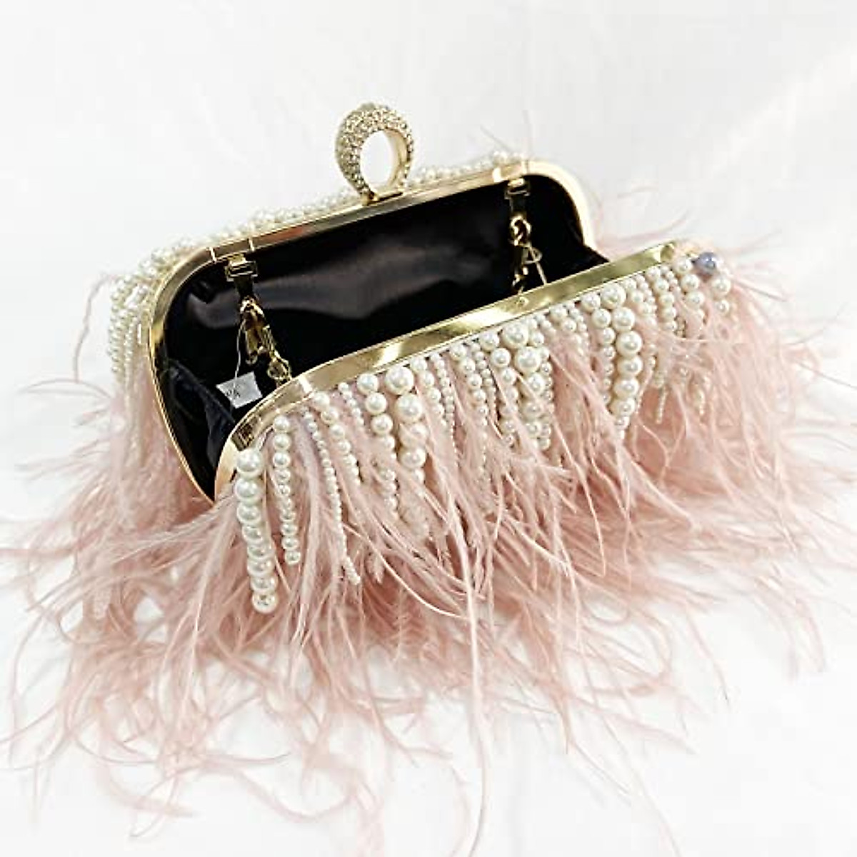 Natural Ostrich Feather Purse, Evening Clutch Purses For Women, Vintage Feather Clutch With Pearl Decor Beige