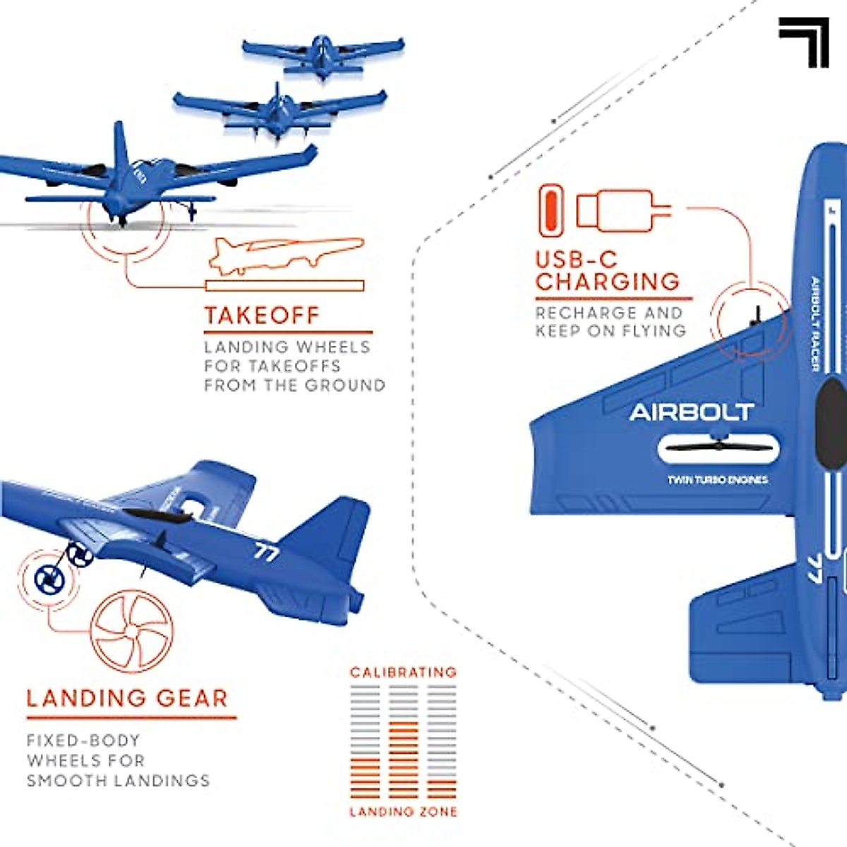 SHARPER IMAGE Airbolt Racer RC Airplane With 2.4 GHz Remote, USB-C Charging, and Replacement Propellers