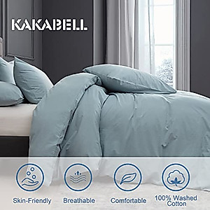 KAKABELL 100% Washed Cotton Linen Duvet Covers Set,Luxury Soft and Breathable Portable Openings 3 Piece Bedding Set,1200 Thread Count,with 8 Corner Ties 90x106 Inches(Light Blue, King)