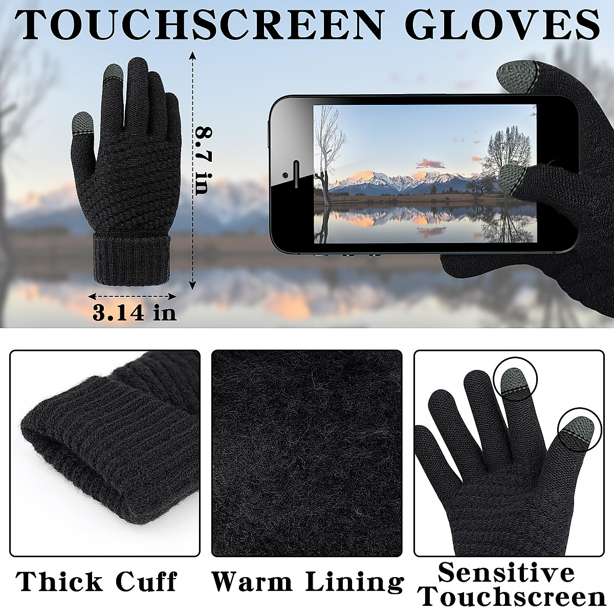 Winter Beanie Hat, Scarf and Touchscreen Gloves Set Black