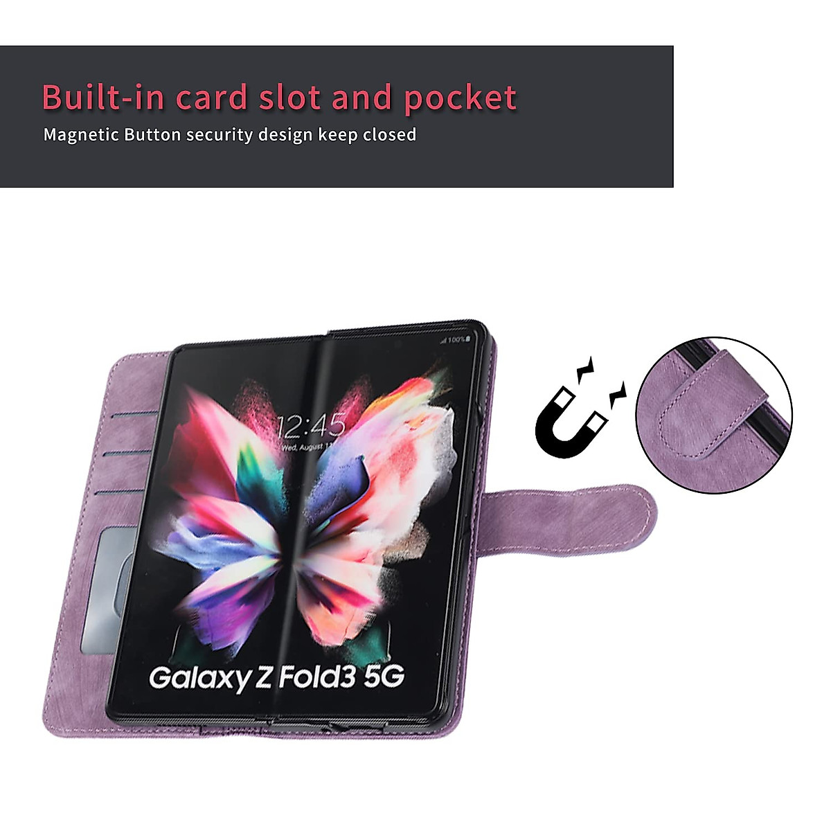 Simicoo Samsung Z Fold 5 PU Leather Flip Wallet Case with 2 Card Slots Pencil Holder Samsung Z Fold 5 Case with Folding Kickstand Strong Magnetic Full Cover Wallet Case (Purple)