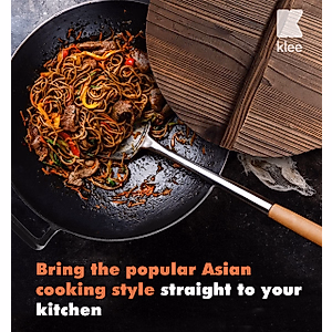 Klee Pre-Seasoned Cast Iron Wok Pan with Wood Wok Lid and Handles - 14" Large Wok Pan with Flat Base and Non-Stick Surface for Deep Frying, Stir-Frying, Grilling, Steaming - Stovetop and Oven Safe