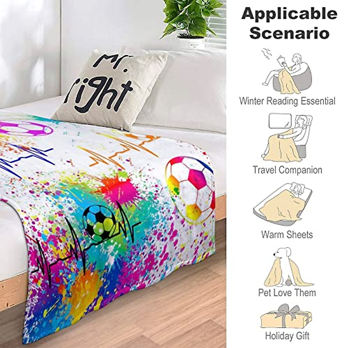 Super Soft Soccer Blanket Lightweight Cozy 3D Printed Flannel Baseball Basketball Throw Blankets for Sport Fans Kids Adults Gifts 50"X40"