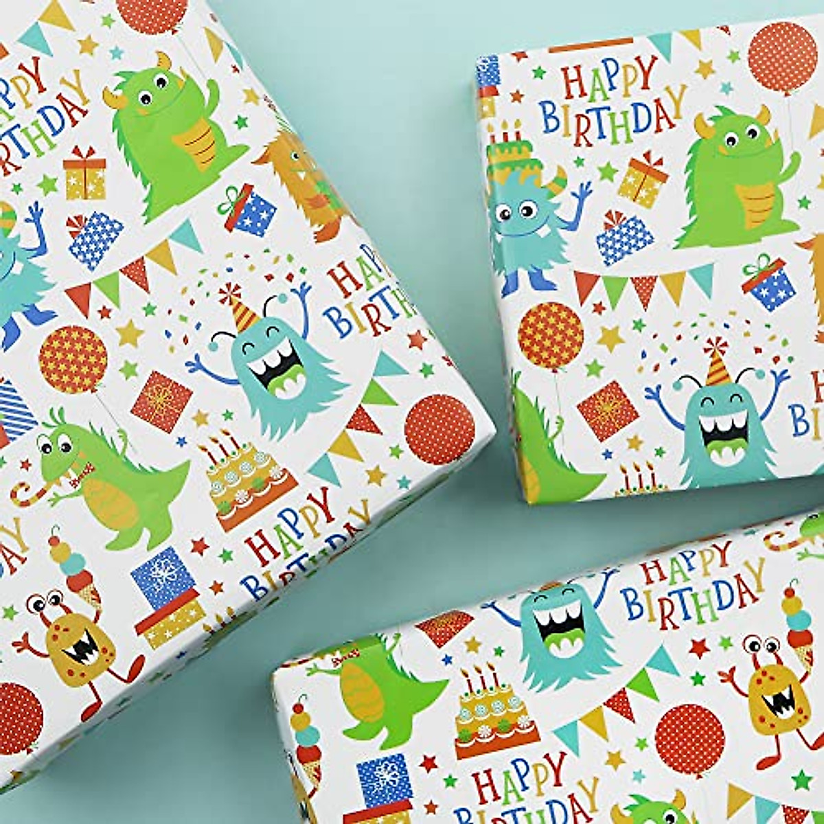 Happy Birthday Little Monsters Wrapping Paper Set of 4 Sheets Folded Flat 20x28 inches Per Sheet For Boys Kids Girls Men Women, Colorful Gift Wrap Paper For all Birthday Party Baby Shower Kindergarten Celebrating Occasions