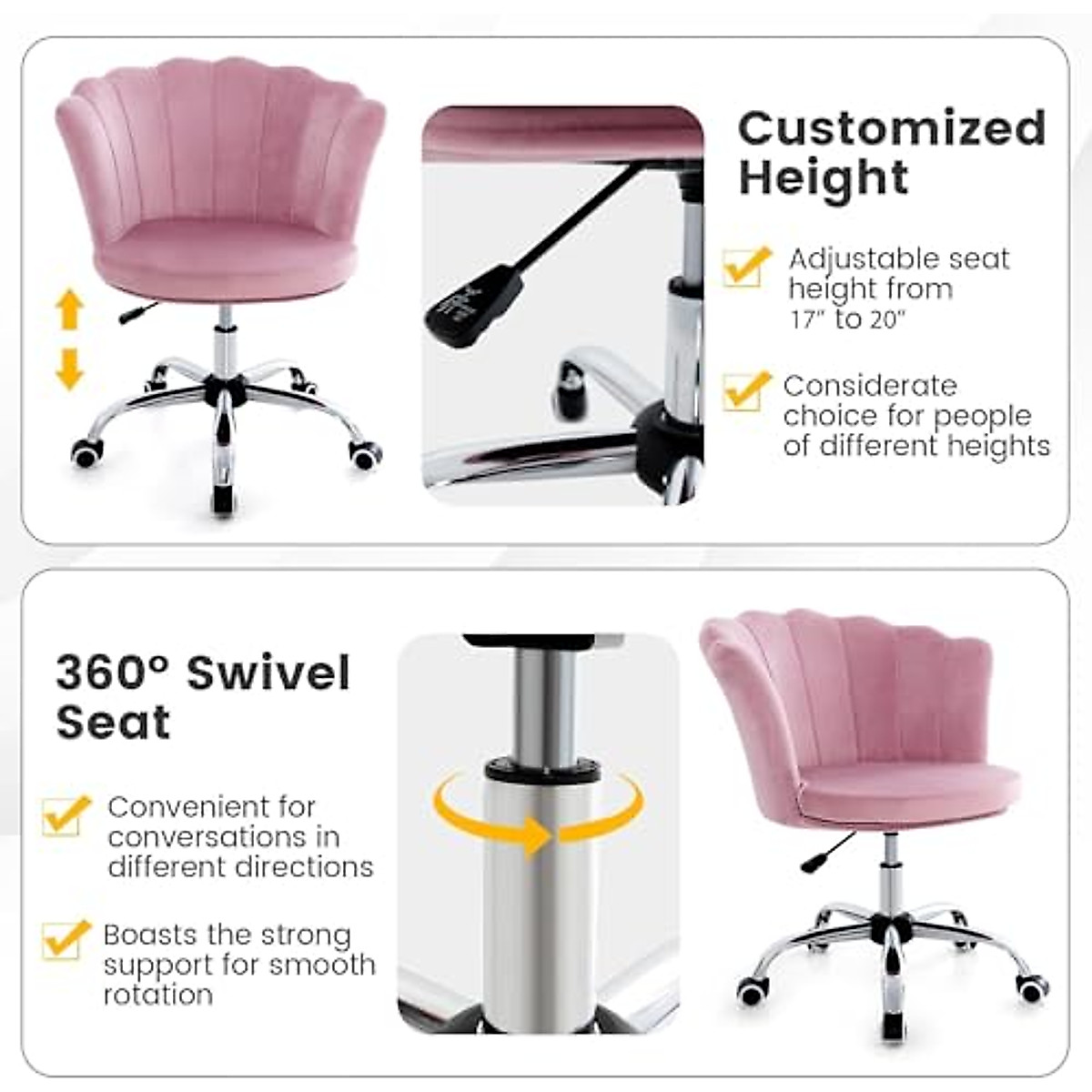 Nightcore Vanity Chair, Upholstered Cute Desk Chair, Swivel Height Adjustable Vanity Chair, Desk Chair Comfy, Shell Back Makeup Chair, Pink Desk Chair Cute w/Wheels for Girls Women