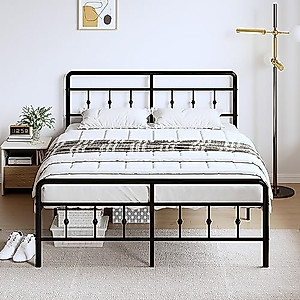 DiaOutro Classic Metal Platform Queen Bed Frame with Headboard and Footboard, 16 Inch No Box Spring Needed Heavy Duty Victorian Style Iron-Art Mattress Foundation/Under Bed Storage