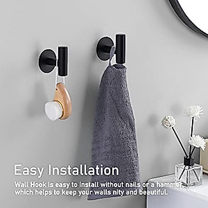 Towel Hook for Bathrooms Adhesive 2 Packs, Coat Hooks for Hanging Clothes, Heavy Duty Robe Towel Hangers for Shower Door Wall Mounted, Key Holder Wall Command Hook for Kitchen (Matte Black)