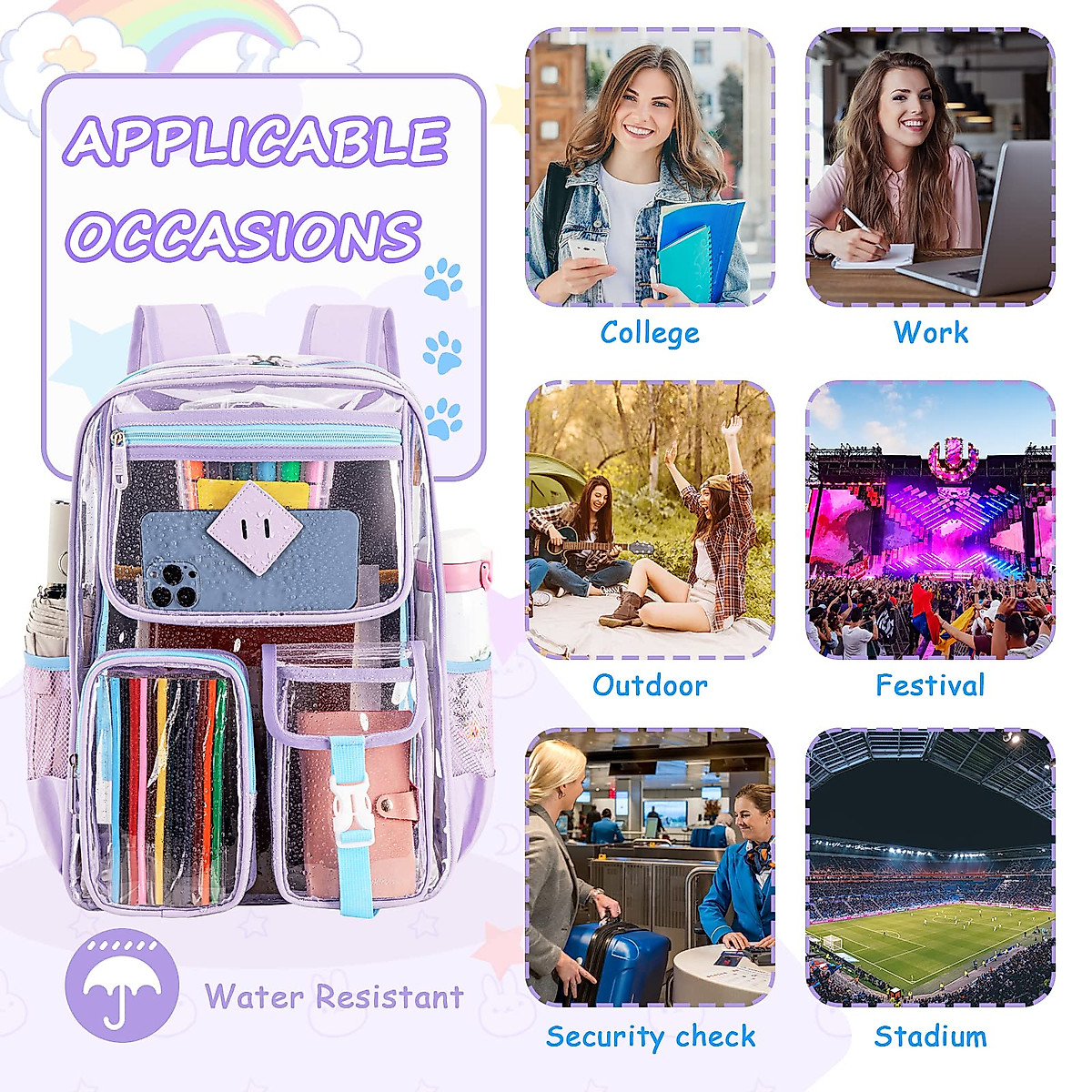 PIG PIG GIRL Clear Backpack for School,Heavy Duty PVC Transparent Bookbag for Girls Stadium Approved See Through Backpack for Women for College Work Travel Festival,Purple and Blue