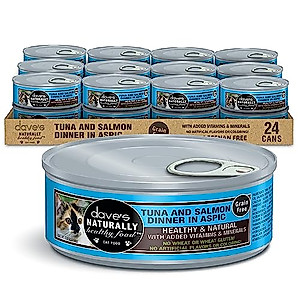 Dave's Pet Food Grain Free Wet Cat Food (Tuna & Salmon Dinner in Aspic), Naturally Healthy Canned Cat Food, Added Vitamins & Minerals, Wheat & Gluten-Free, 5.5 oz (Case of 24)