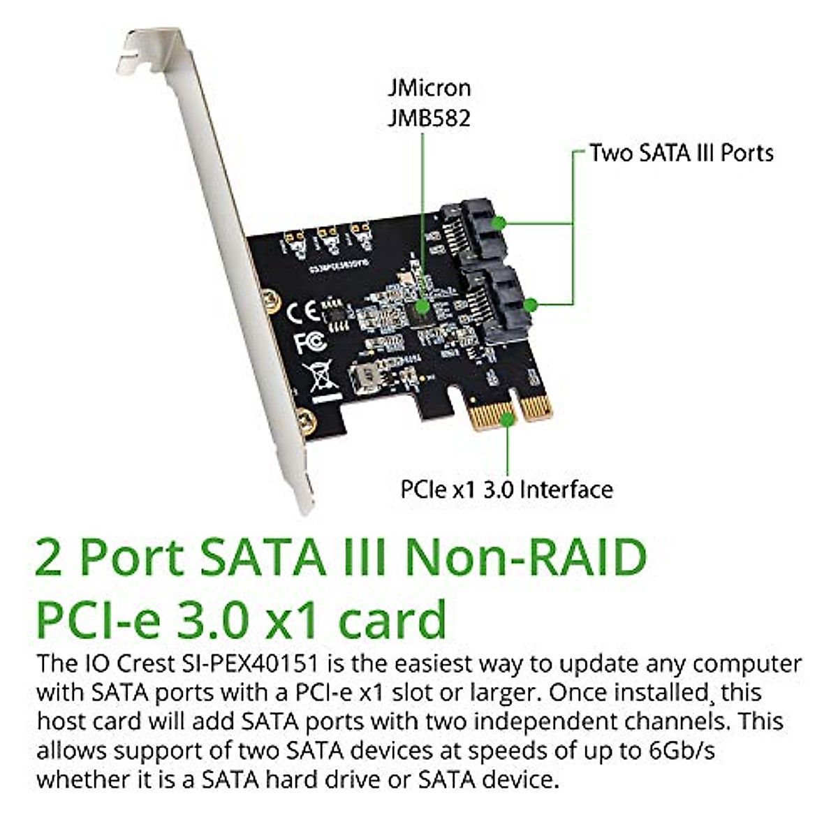 I/O CREST 2 Port SATA III Pci-E 3.0 X1 Controller Card (Jmicro Chipset), Add Two SATA 3.0 Devices to Any PCIe Slot