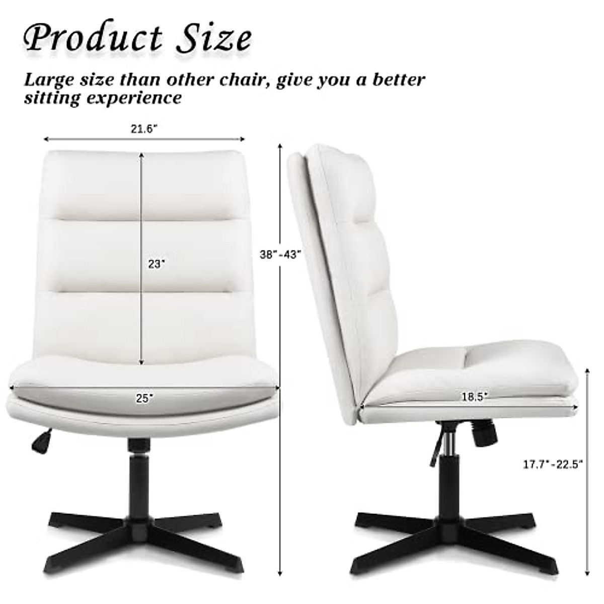 TAVATA High Back Armless Office Desk Chair No Wheels, PU Wide Seat Home Office Desk Chair Cross Legged Office Chair, Modern Adjustable Swivel Vanity Chair… (White)