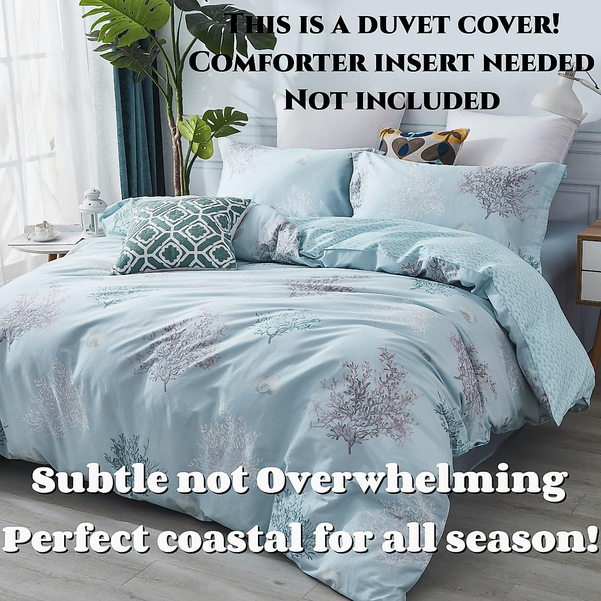 Brandream Coastal Beach Bedding Set Queen Size 100% Cotton Duvet Cover Set Tropical Coral Seashells Bedroom Set 3-Piece (No Comforter)