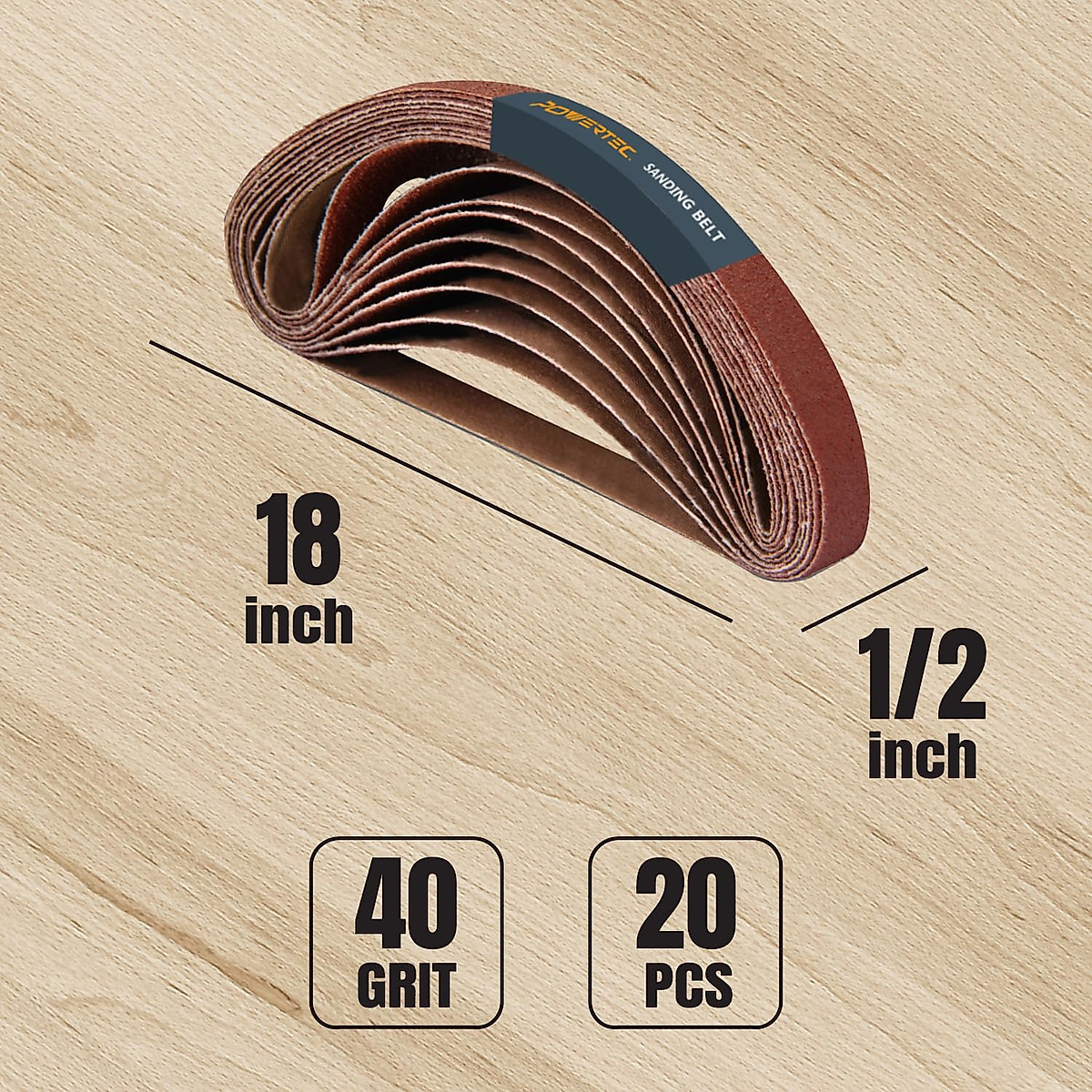 POWERTEC 1/2 x 18 Inch Sanding Belts, 20PK, 40 Grit Aluminum Oxide Belt Sander Sanding Belt for Air File Belt Sander, Woodworking, Metal Polishing (401804)