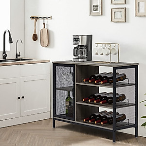 Fashionwu 42 Inches Wine Cabinet with Storage Shelf, Industrial Bar Cabinet with Removable Wine Rack and Glass Holder, Wood Freestanding Wine Rack Cabinet for Liquor and Glasses(Gray)