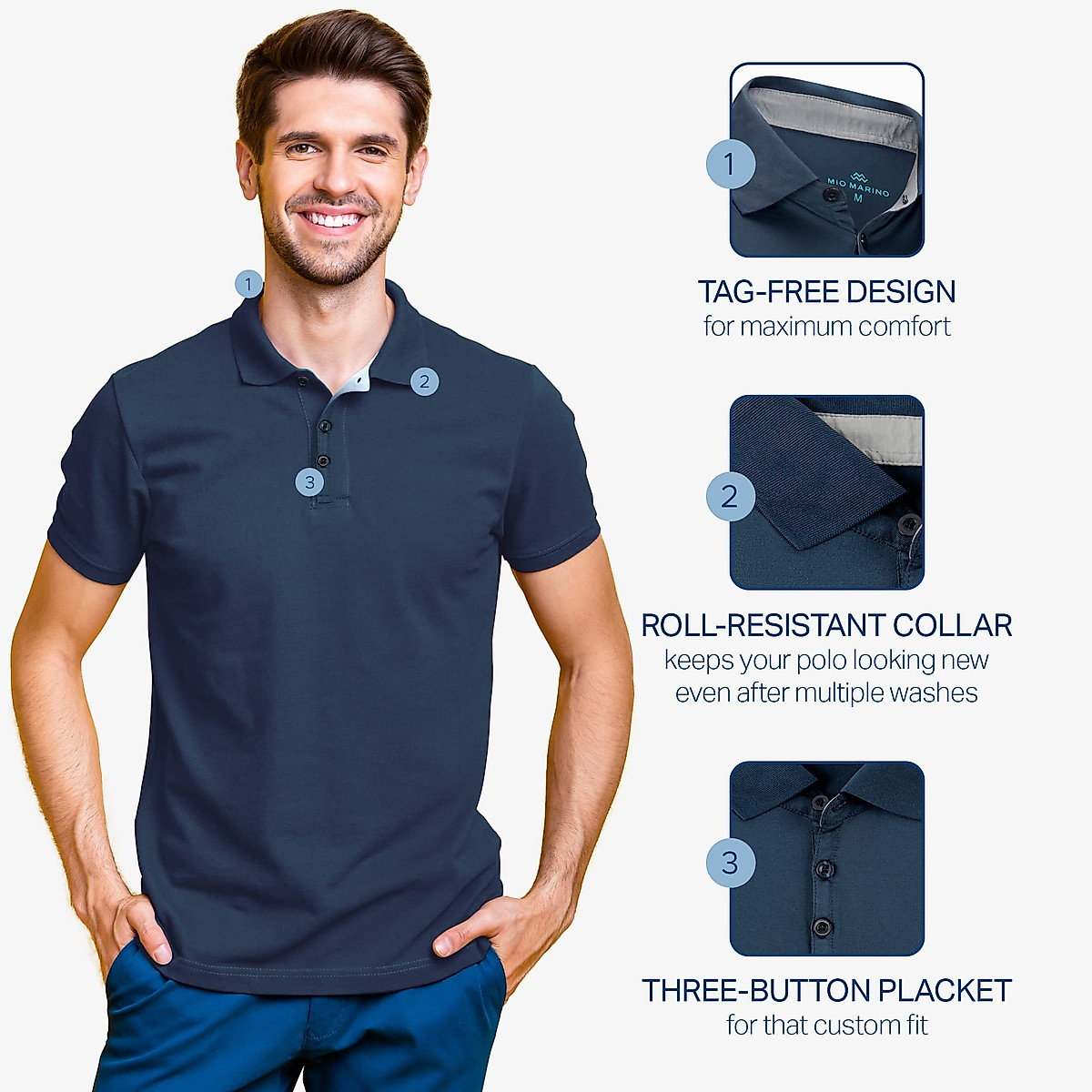Mio Marino Golf Polo Shirts for Men - Dry Fit - Ultra-Thin Breathable Fabric - Navy - Large