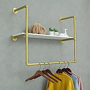 Industrial Pipe Wall Mounted Garment Rack with Top Shelf, Detachable Pipe Clothes Rack, Space-Saving Hanging Bar, Detachable Multi-Purpose Rod for Closet Storage, Gold, 47.2x10 Inches