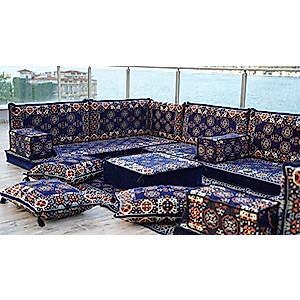 Navy Blue U Shaped Arabic Floor Sofa Set, Floor Cushions, Balcony Patio Sofas, Pallet Sofa, Ethnic Sofa, Moroccan Sofas, Sectional Sofas, Pouffs (U Sofa Full Set)