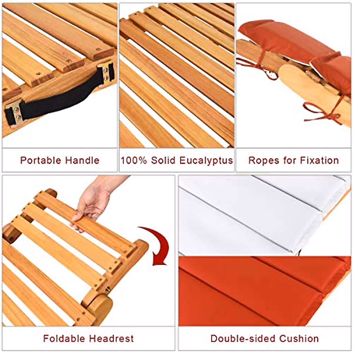 Tangkula Folding Patio Lounge Chair, Solid Eucalyptus Wood Sun Lounger Chair, with Double-Sided Cushioned Seat for Garden Lawn Backyard, Portable Chaise with Foldable Headrest (1)