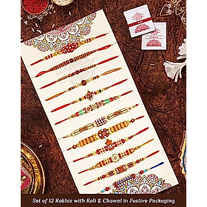 IndoTribe Rakhi for Brother - Set of 12, Rakhi for Brother and Bhabhi | Lumba Rakhi For Brother with Gift Set | Rakhi with Roli Chawal, Card | Brother Bhaiya Bhabhi Rakhi | Raksha Bandhan Rakhi