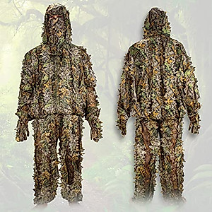 ELJGKKL Ghillie Suit, Adult 3D Leafy Suit for Hunting, Hunting Gear Including Hunting Clothes, Hunting Gloves, Leafy Face Mask and Bag, Lightweight Leafy Camo Suit for Jungle Hunting and Halloween, M