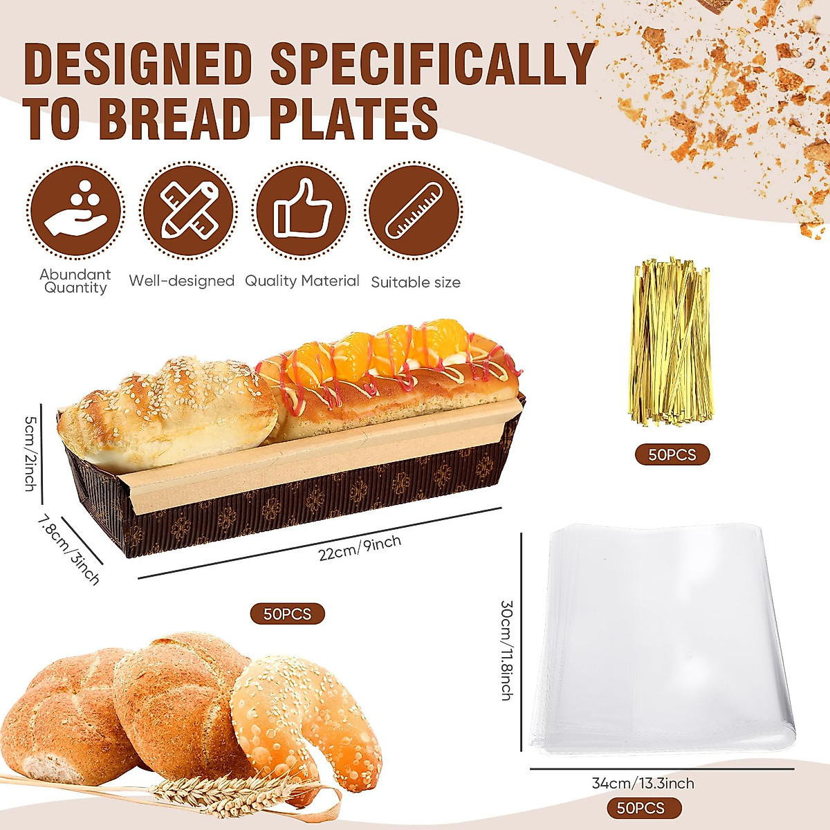 Sabary 50 Pcs Paper Loaf Pans for Baking 9 x 3 x 2 In Disposable Paper Baking Loft Mold 50 Pcs Disposable Holiday Bakeware Clear Bread Bags with Ties Plastic Bread Storage Bags for Baked Goods Bakery