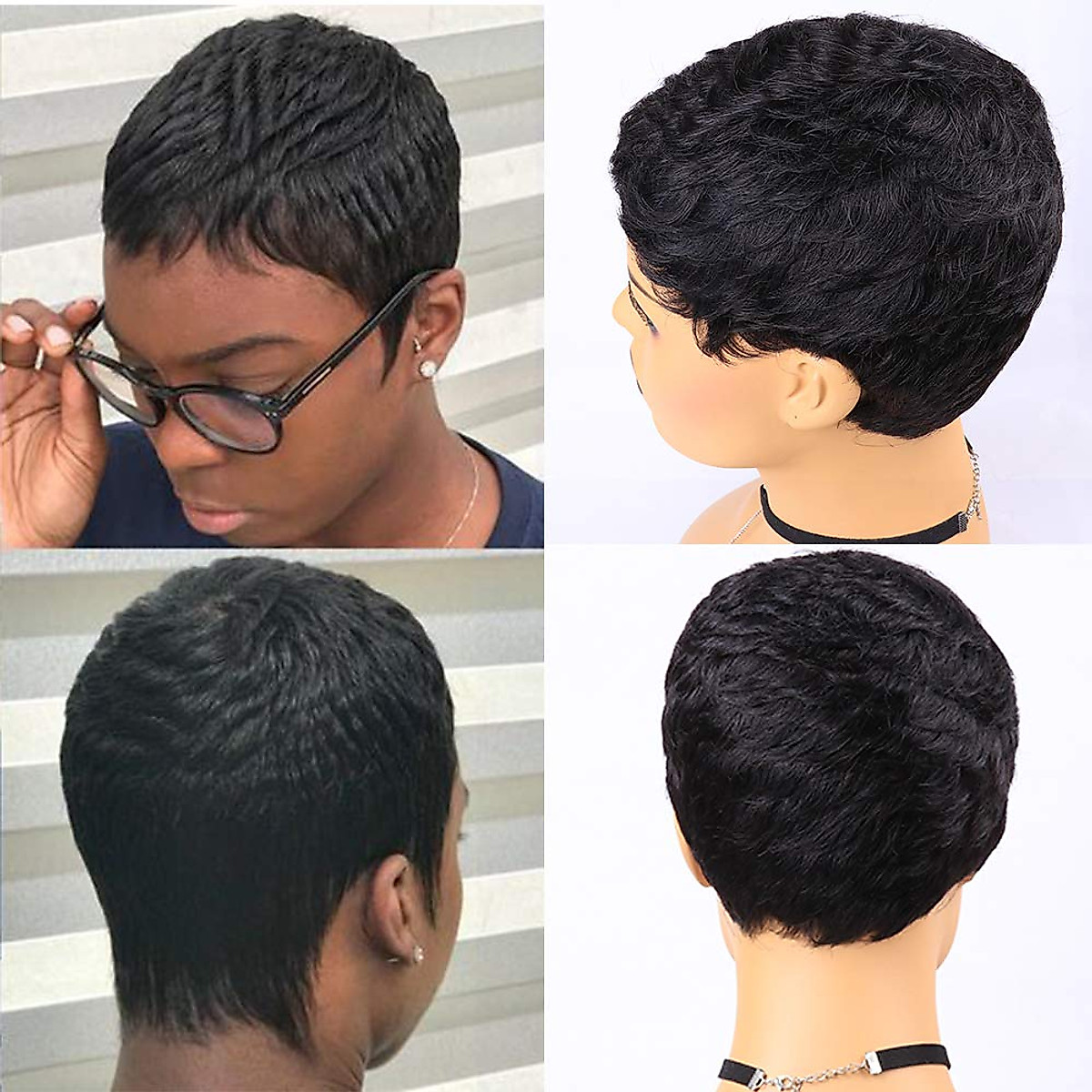 VRVogue Pixie Wigs Short Black Wavy Layered Short Human Hair Wigs for Black Women (1B#)