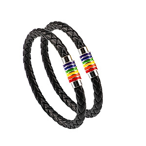 PHOGARY Gay Pride Bracelet LGBT Rainbow Bracelet (2 Packs), Couple Black Leather Bracelet Men’s Women’s Bangle with Rainbow Striped Stainless steel Magnetic Clasp 22cm