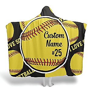 Custom Softball Hooded Blanket, I Love Softball Blankets and Throws, Softball Stuff for Girls Oversized Wearable Hooded Sports Blanket Adult Hooded Blanket for Boys Girls Adults