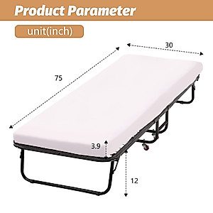 Folding Guest Bed with Wheels Guest Beds Portable Beds Extra Roll Away Foldaway 3.9 Inch Comfort Foam Mattress Strong Sturdy Frame Heavy Duty L75*W30*H12 Inches，White