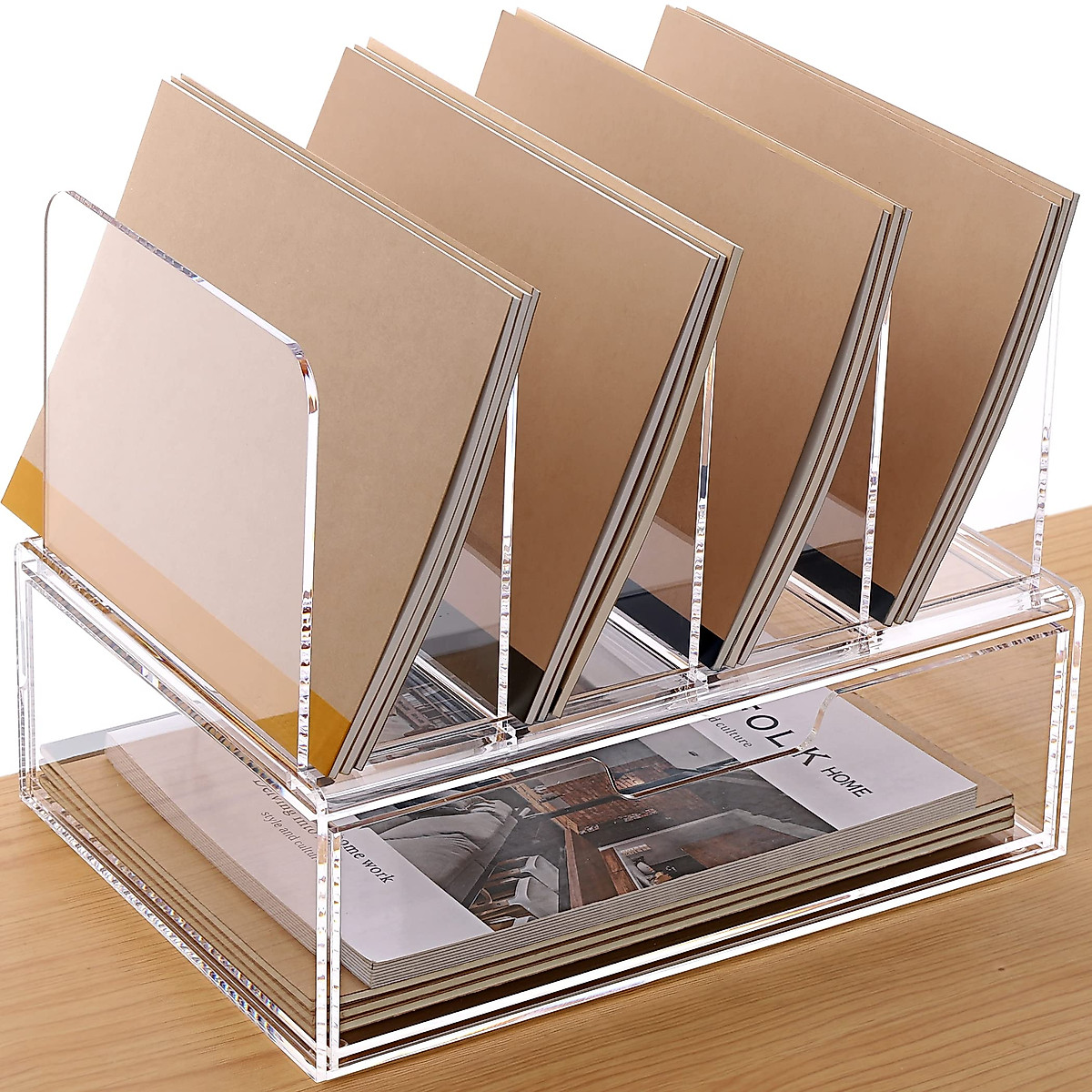 HeZone Acrylic Office Desk Accessories, Desk Organizer Storage whith Drawer-File Organizer for Desk, Clear Acrylic Office Organizer for Work-1Pack