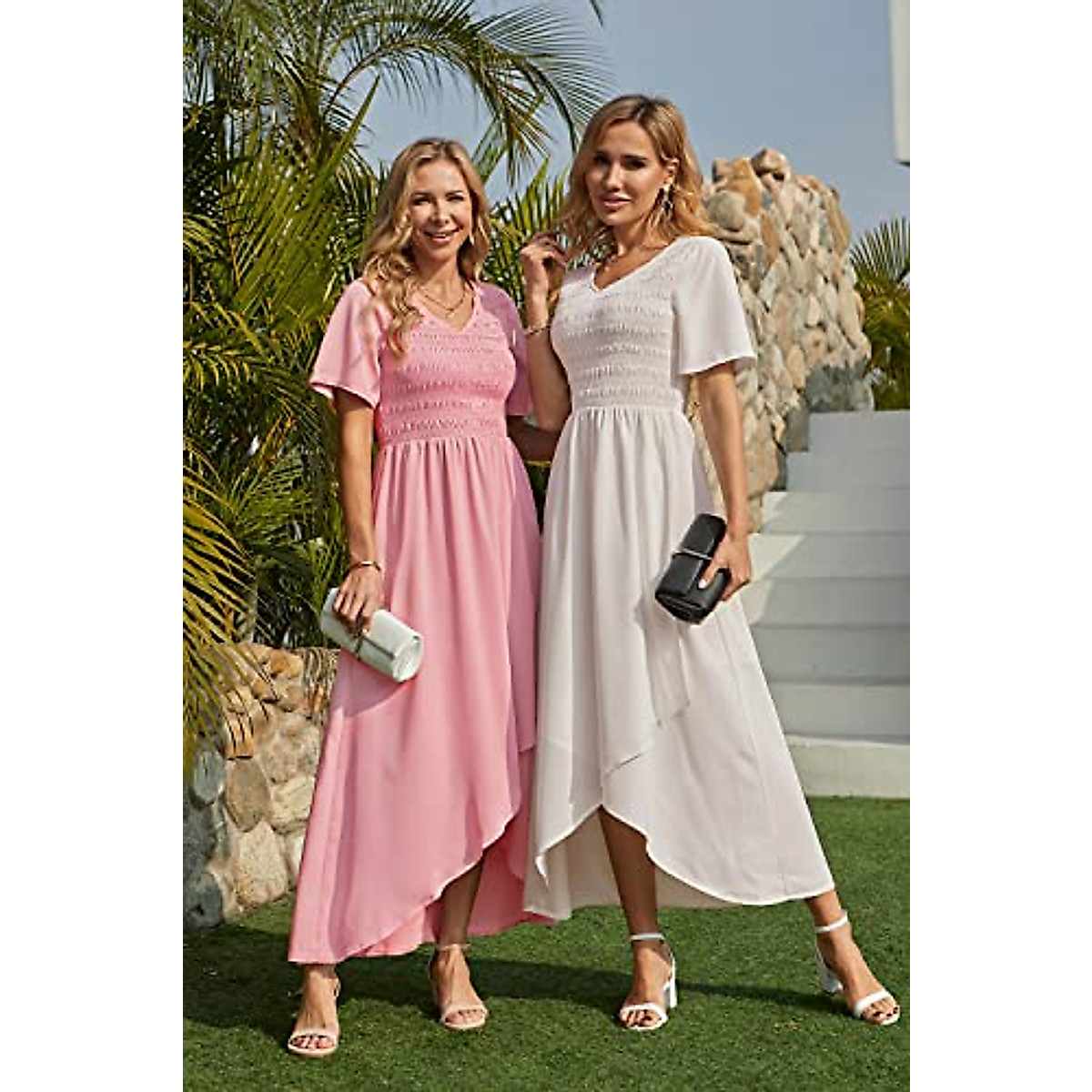 Zattcas Womens 2023 Smocked Maxi Dress Short Sleeve Vneck Casual Summer High Low Flowy Long Dress Cream S